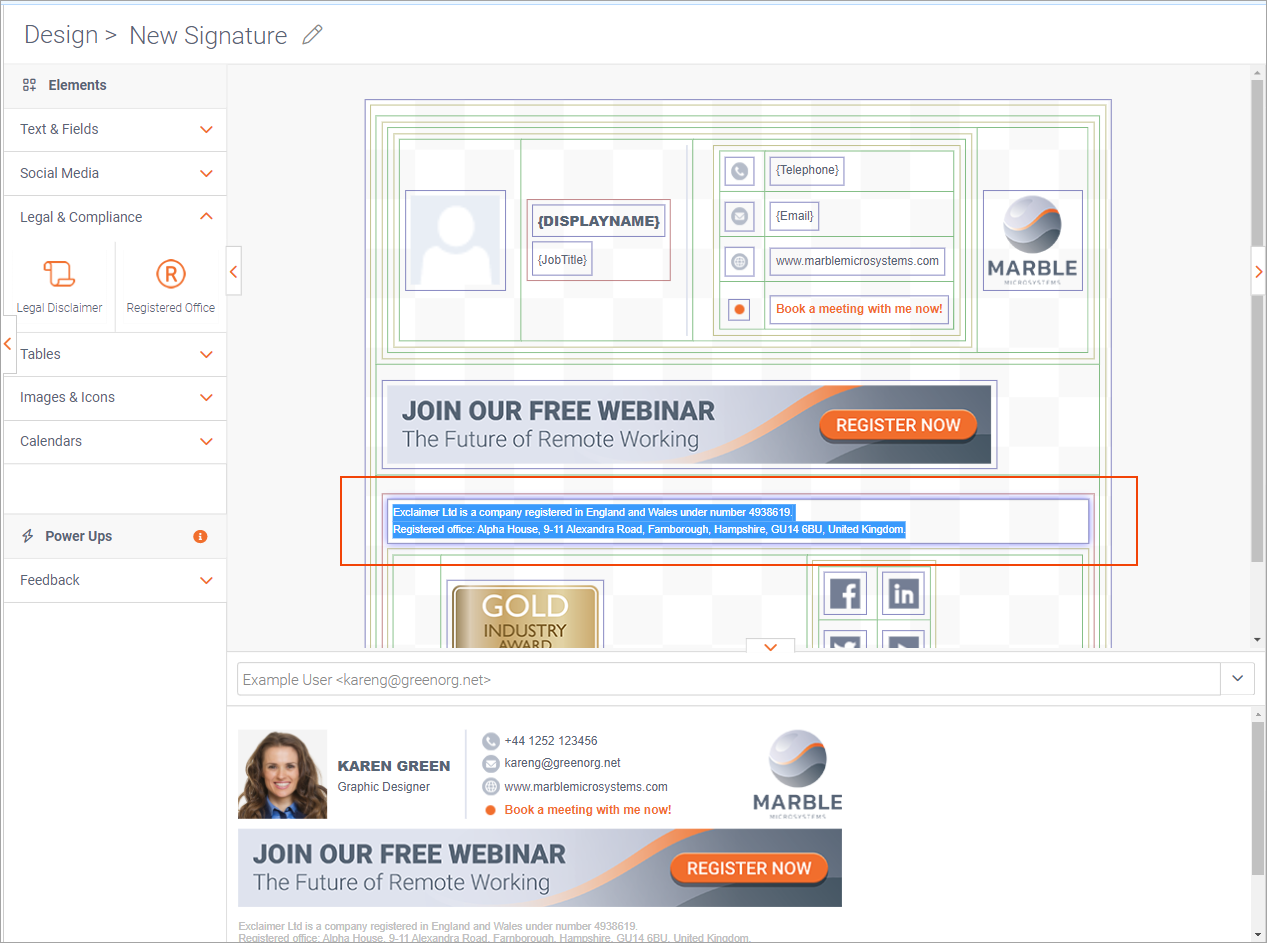Working with the Registered Office signature element – Exclaimer Cloud Knowledge Base